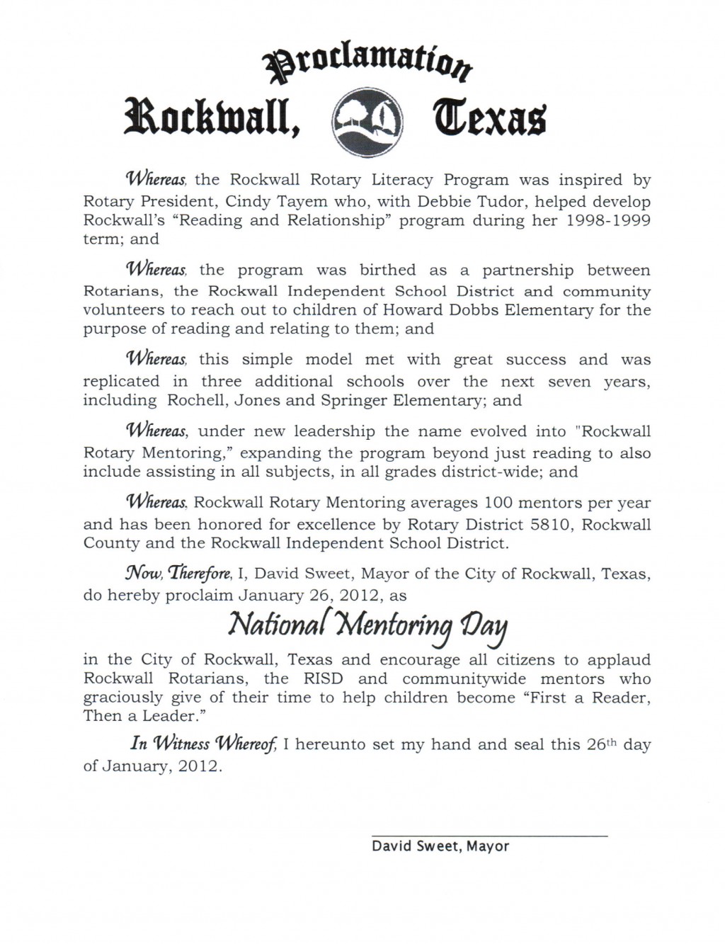 Mayoral proclamation recognizes Rockwall Rotary Mentoring, names ...