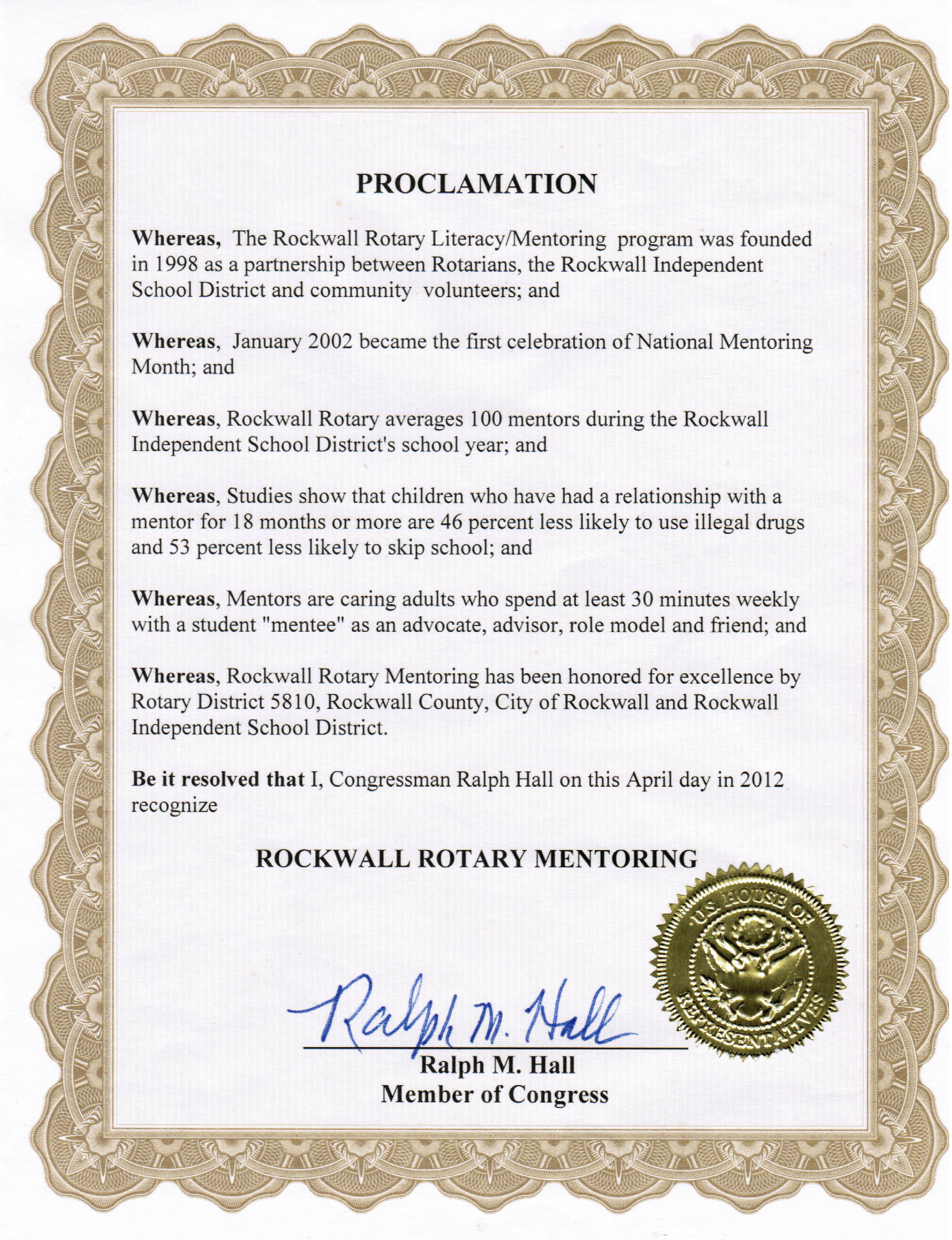 Congressman Hall recognizes Barbara Allan, Rotary Mentoring – Blue ...
