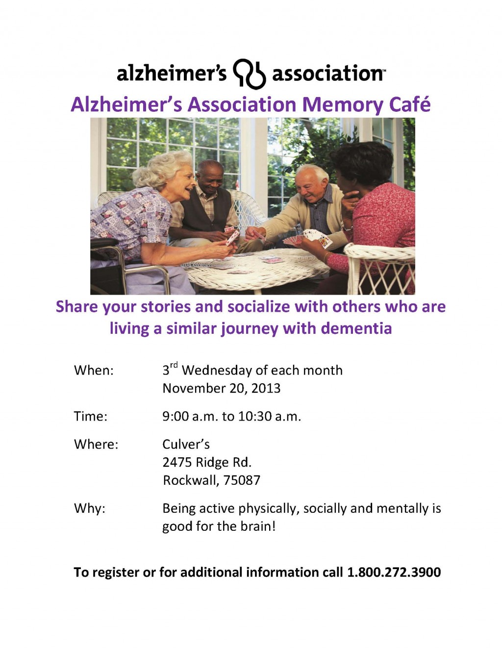 Alzheimer’s Association Memory Cafe Nov 20 at Culver’s Rockwall – Blue ...
