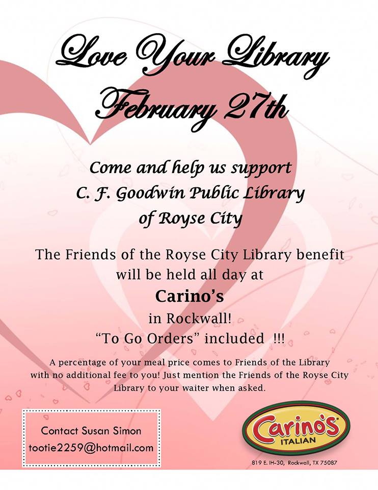Royse City library benefit Feb 27 at Carino’s in Rockwall – Blue Ribbon ...