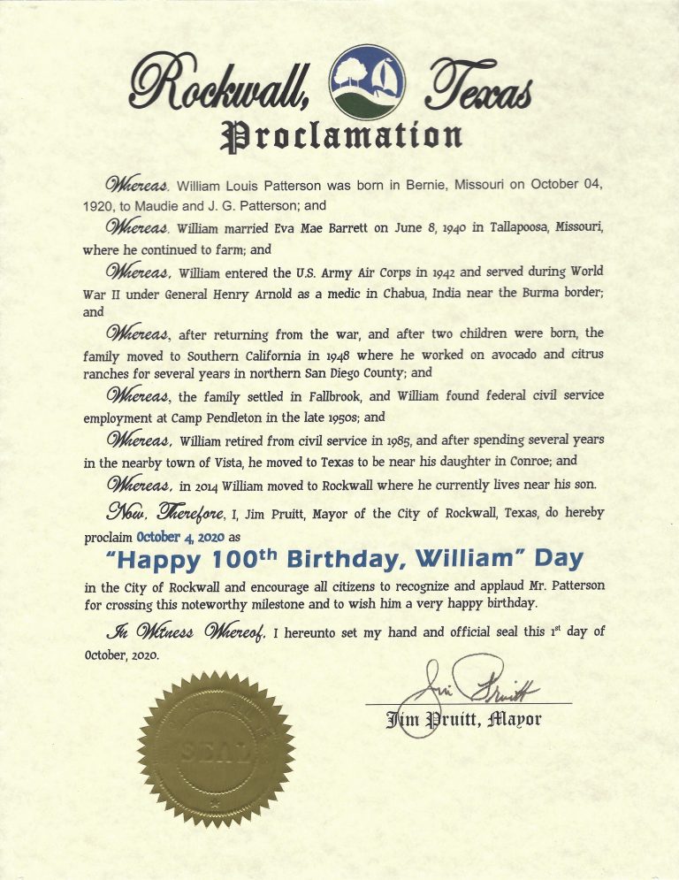 Sunday, Oct. 4 is ‘Happy 100th Birthday, William’ Day in Rockwall ...
